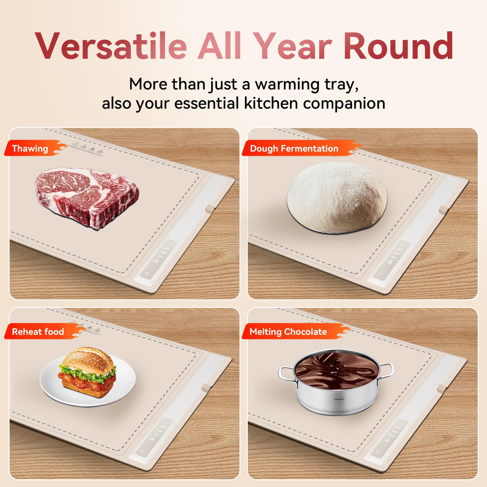 Electric Warming Tray for Food, Full Surface Heating Portable Food Warmer Mat 3 Temperature Settings, Foldable Silicone Heating Mat for Buffet, Gatherings, Parties, Beige
