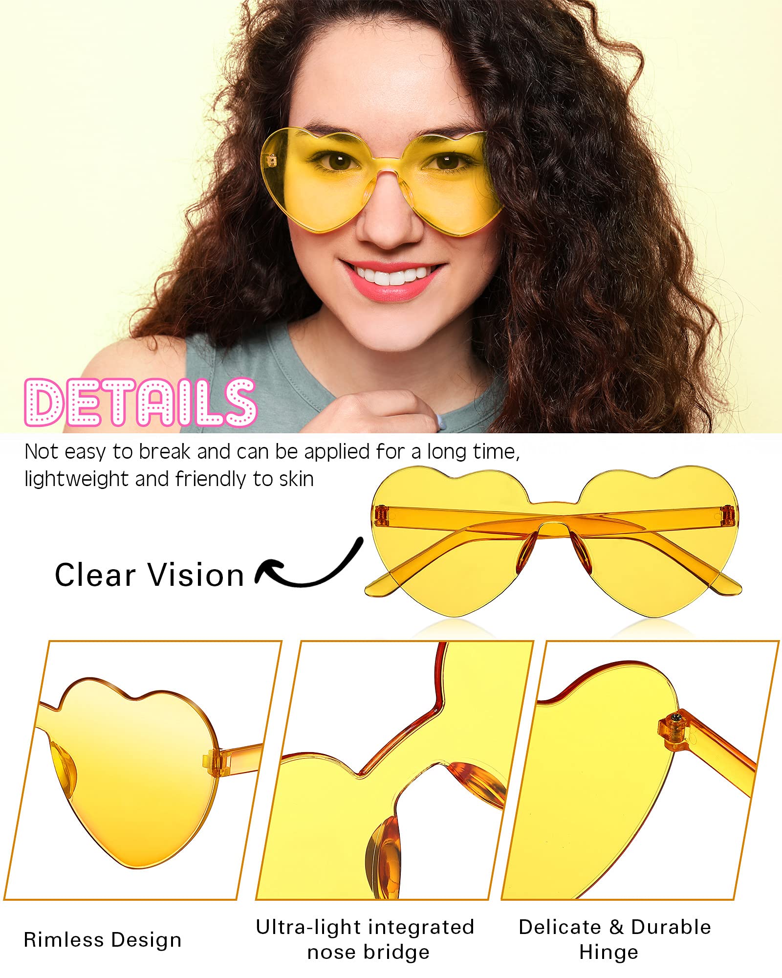 Colzzy 24 Pair Heart Shaped Rimless Sunglasses Transparent Candy Color Frameless Glasses Tinted Eyewear(Retro Colors)