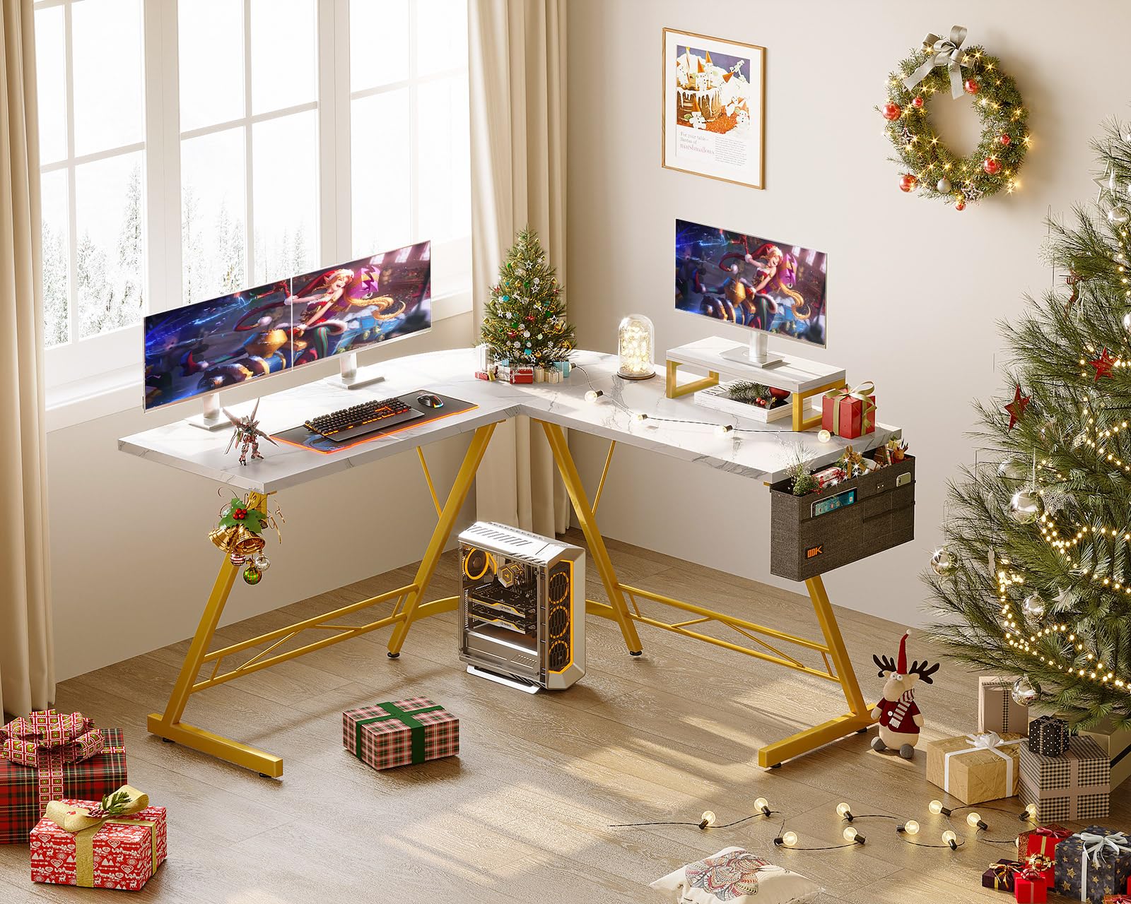 Casaottima L Shaped Gaming Desk, Home Office Desk with Round Corner, Computer Desk with Large Monitor Stand Desk Workstation