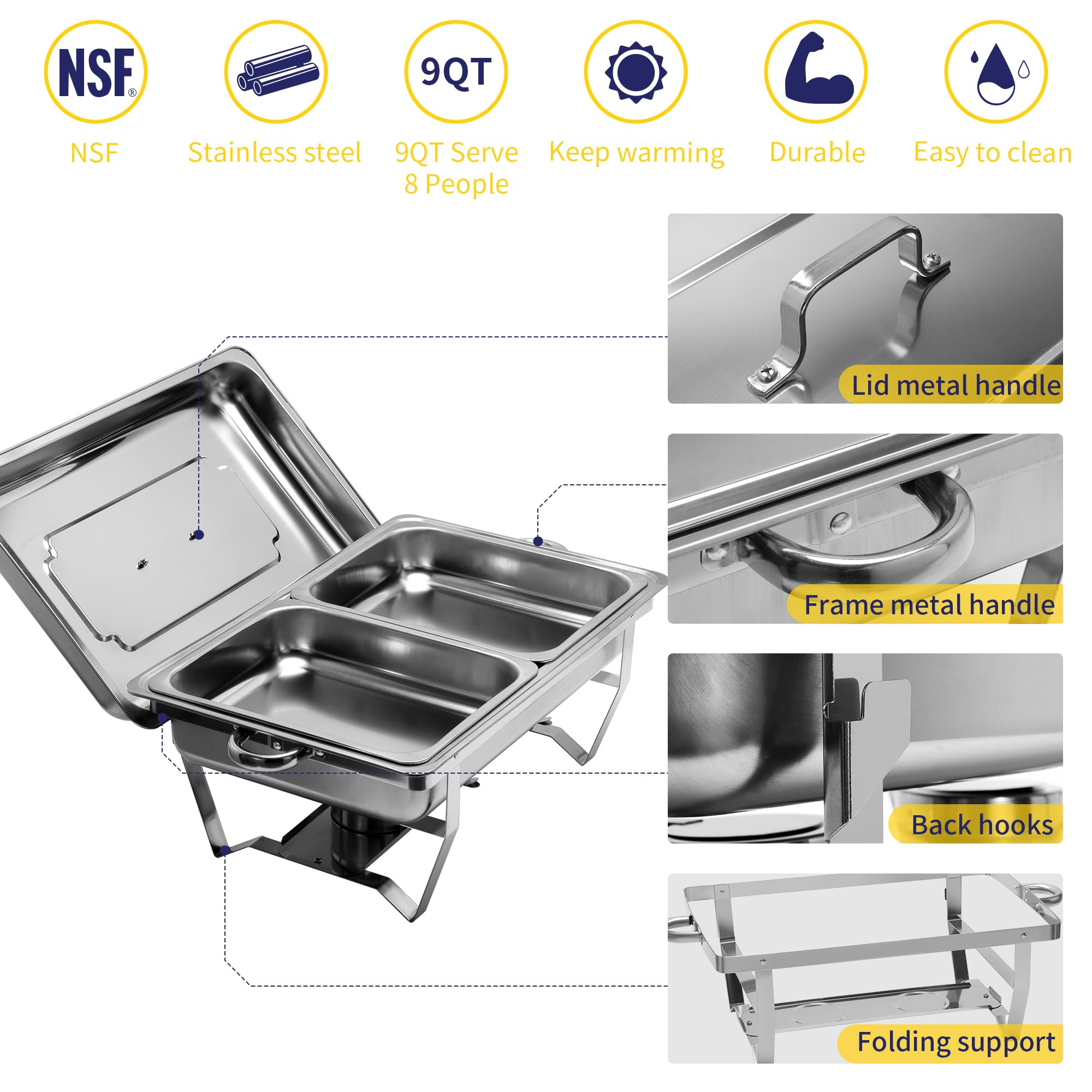 BIEAMA 2 Pack 9.5QT Chafing Dish with Full Size Food Pans, Stainless Steel Chafer Complete Set, Food Warmer