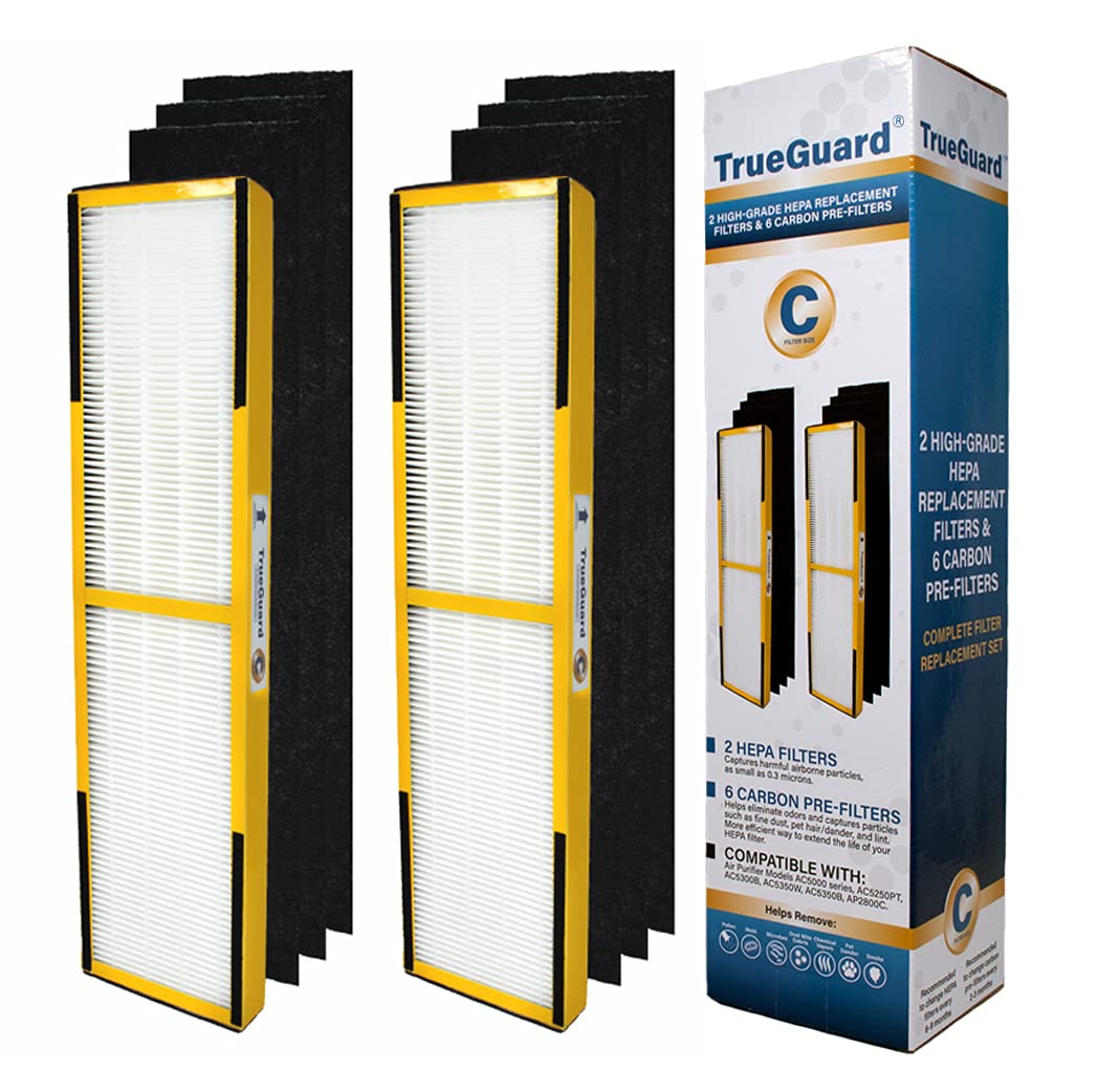 TrueGuard Air Purifier Replacement HEPA Filters FLT5000 Type C | 2 Pack with 6 Pre-cut Activated Carbon Prefilters | Compatible with GermGuardian® AC5000 Series, AP2800CA, Idylis IAP-GG-125 & More.