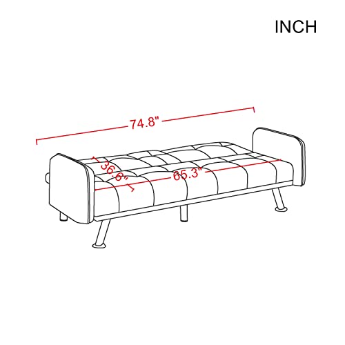 ERDAYE Folding Modern Futon Sofa Loveseat Convertible Sleeper Couch Bed for Living Room Apartment Small Space Furniture Sets with 2 Cup Holders,Metal Legs, Removable Soft Square Armrest,Light Gray
