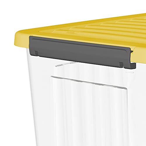 Cetomo 35L*3 Plastic Storage Box,Transparent, Tote box,Organizing Container with Durable yellow Lid and Secure Latching Buckles, Stackable and Nestable, 3Pack, with Buckle