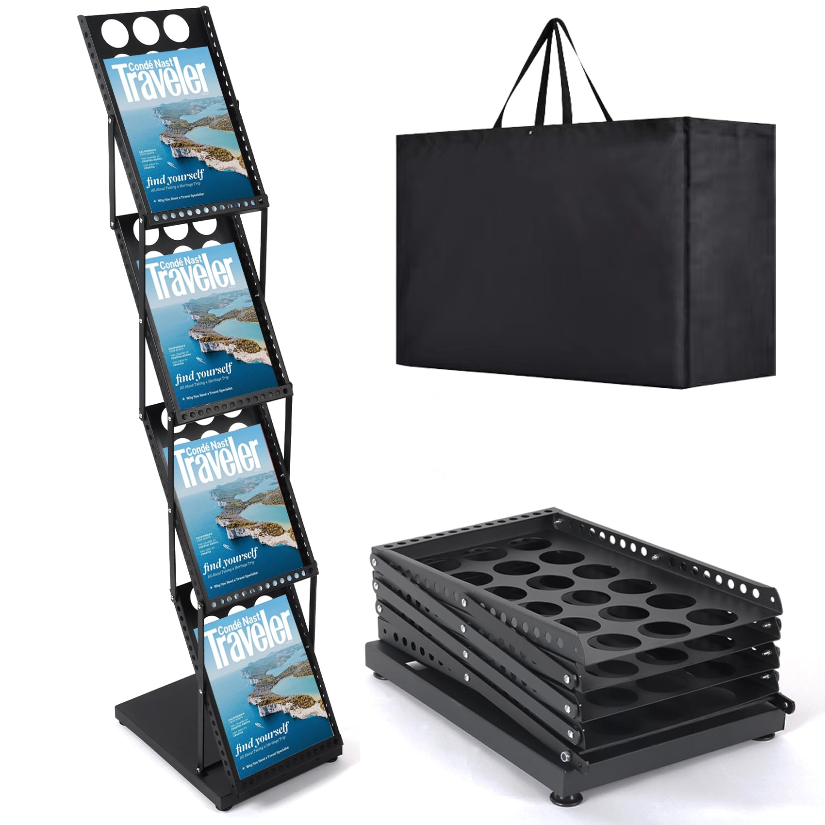 ChoiCARE Literature Catalog Rack, Foldable Magazine Brochure Display Stand, Magazine Floor-Standing with Portable Oxford Bag, for Office Store and Exhibition Trade Show (4 Pockets, Black)