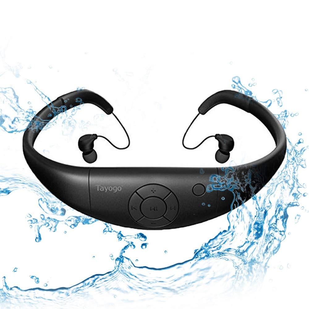 Waterproof MP3 Player for Swimming, Tayogo IPX8 8GB Underwater Headphones with Shuffle Feature, for Water Sports, Running, Diving-Black