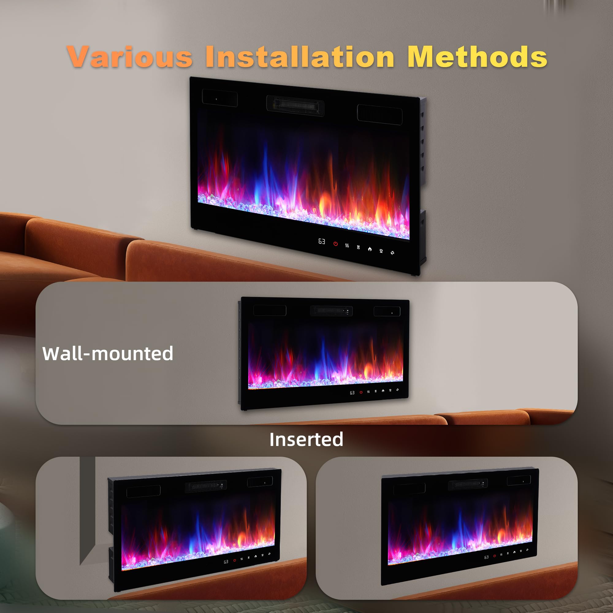 Electric Fireplace 36 Inch Insert Realsmart Recessed 750 1500 W High Screen Slim Wall Mountedle Fireplace Low Noise Overheat Protection Remote Control with Heater Timer Flame Color Sala Modernos (36β)