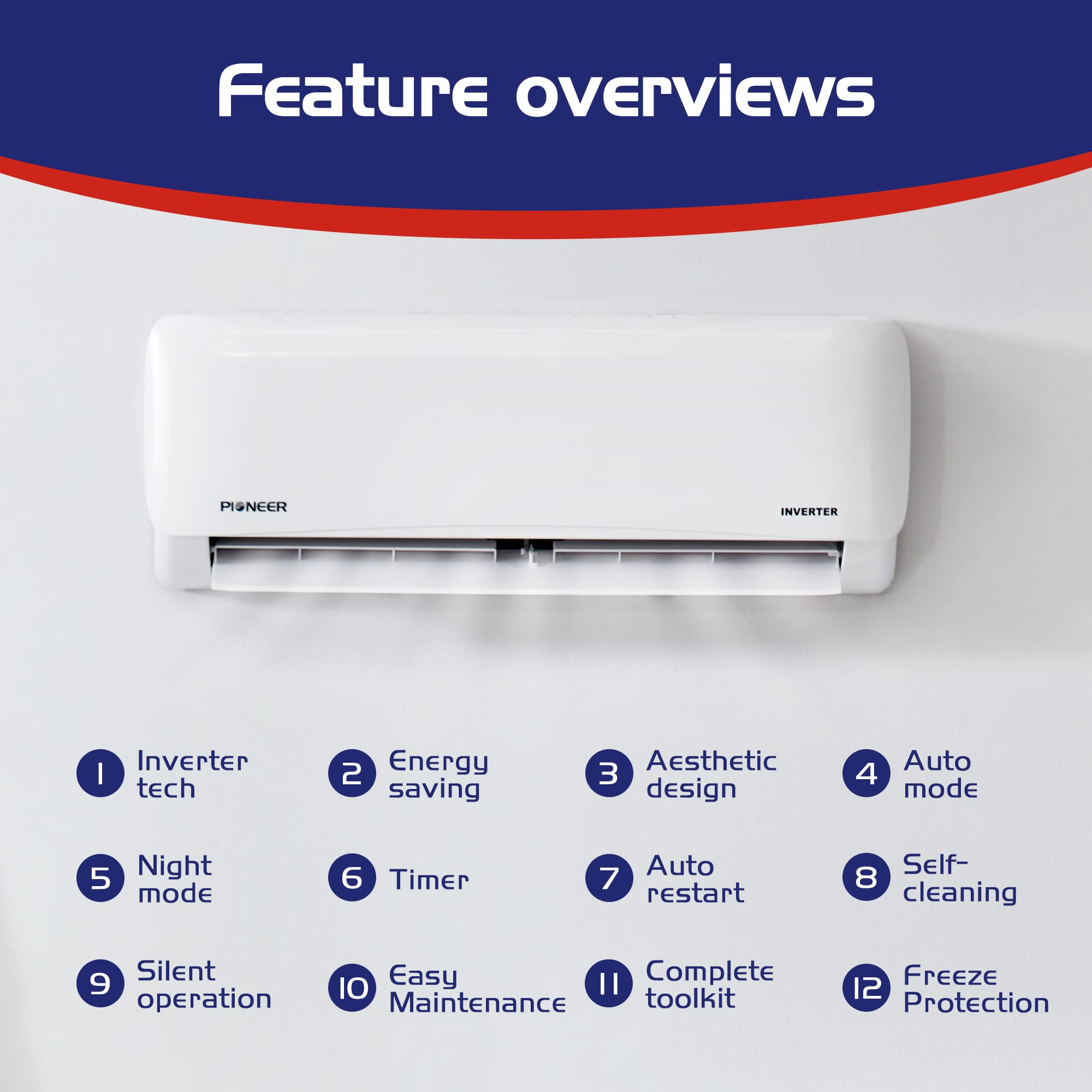 Pioneer Air Conditioner WYS012G-20 Wall Mount Ductless Inverter+ Mini Split Heat Pump, 12000 BTU-208/230V
