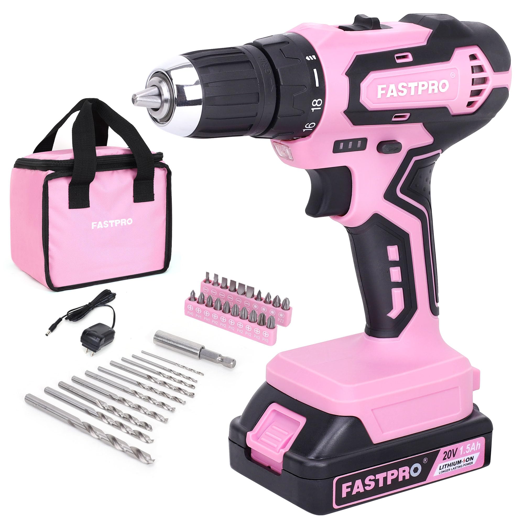 FASTPRO Pink Drill Set—20V Max Lithium-ion Cordless Drill Driver Set, 3/8 in. Drill Driver kit with One 1.5 Ah Batteries, Charger and Tool Bag
