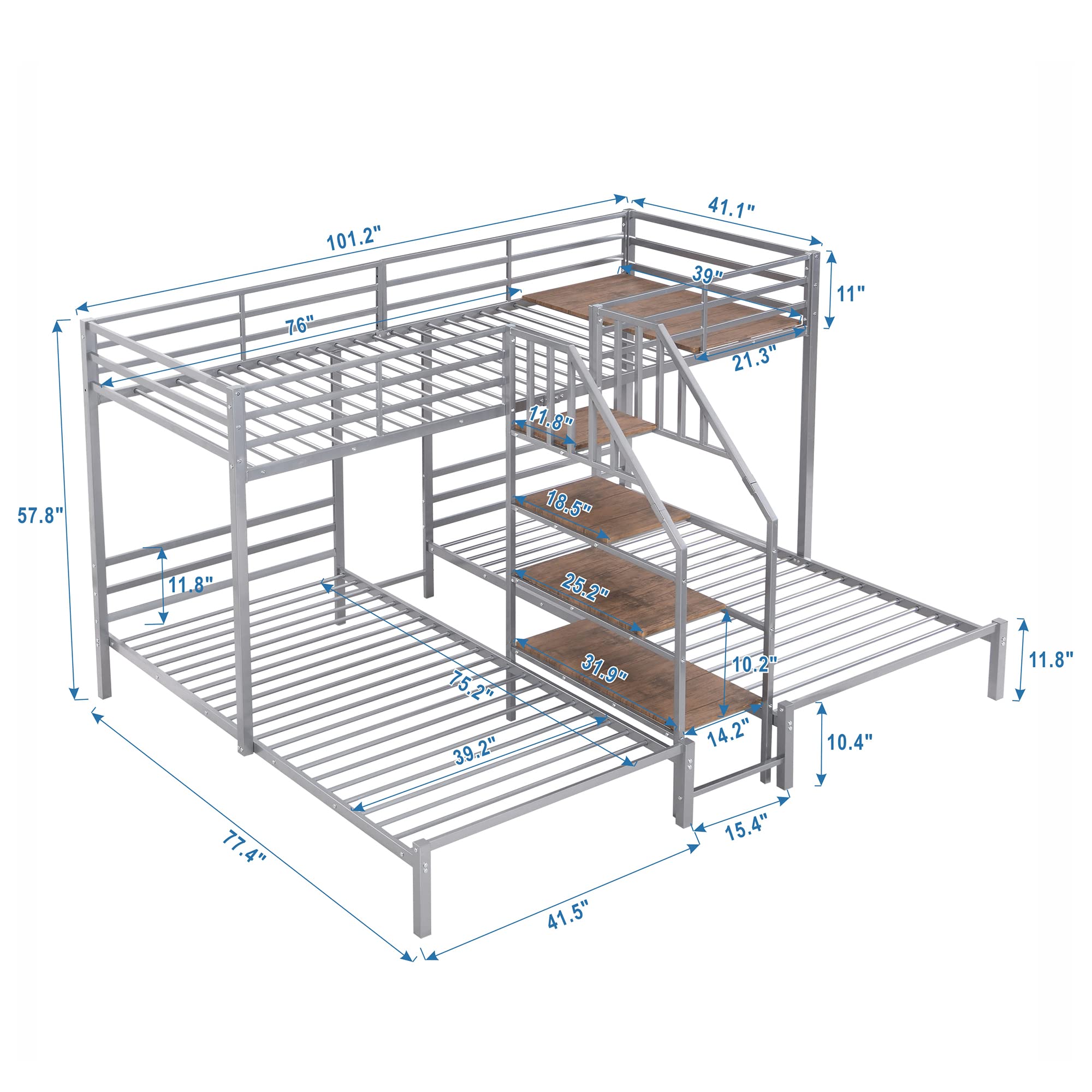 Harper & Bright Designs Triple Bunk Beds with Stairs, Metal Twin Over Twin & Twin Bunk Beds with Storage Shelves,3 Bed Bunk Beds for Kids, Girls, Boys,Teens,Silver