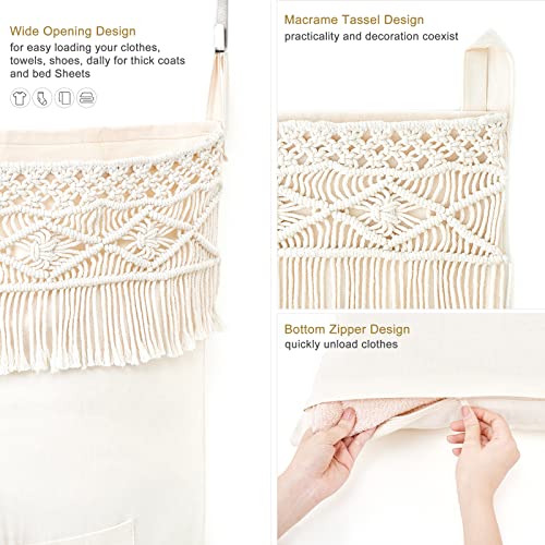 Mkono Macrame Hanging Laundry Hamper Bag Over The Door Organizer Laundry Bag Boho Decor Hanging Clothes Hamper for College Dorm Room Bathroom Home Travel Space Saving