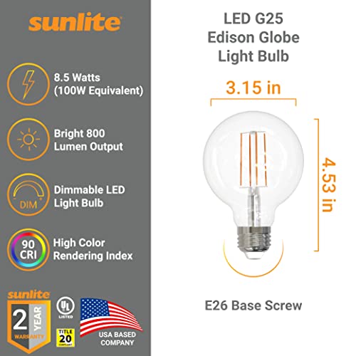 Sunlite 41696 LED G25 Edison Globe Light Bulb, 8.5 Watts (100W=), Medium E26 Base, 800 Lumens, Dimmable, Clear Glass, Antique Long Filament, 90 CRI, Title-20 Compliant, 2700K Soft White, 4 Count