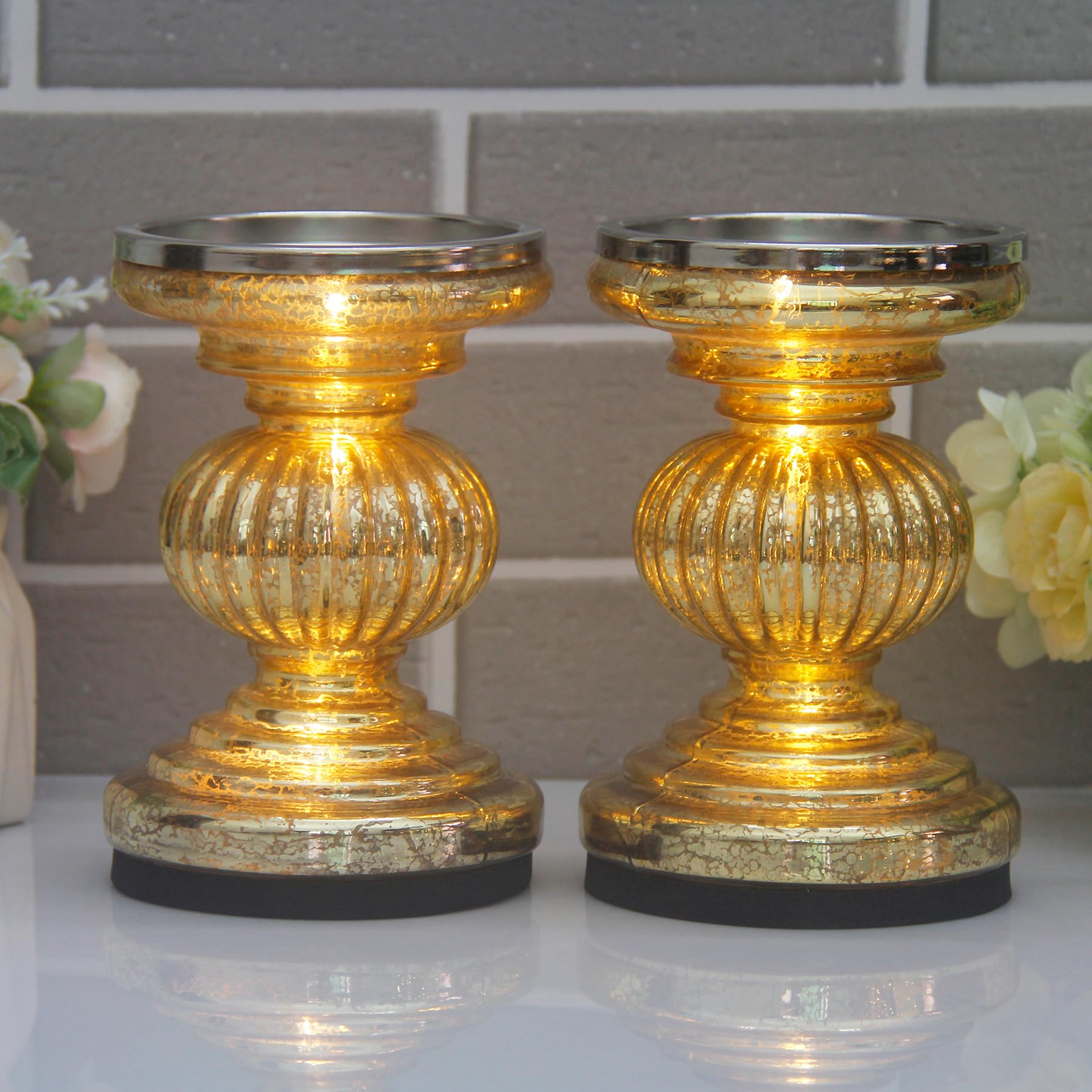 CFDECOR Mercury Glass Pillar Candle Pedestal Holders with Lights Set of 2,Candle Holder for Pillar Candle,Candlestick Holders,Perfect Decoration for Wedding Home Dining Table Xmas (Blue)