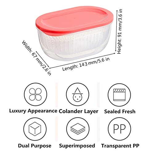Food Storage Container with Colander Layer, Refrigerator Fresh-keeping Container Bowl Multifunctional Vegetable Fruit Liquid Storage Container Sealed with Lids Kitchen Essentials, 18 oz (Red)