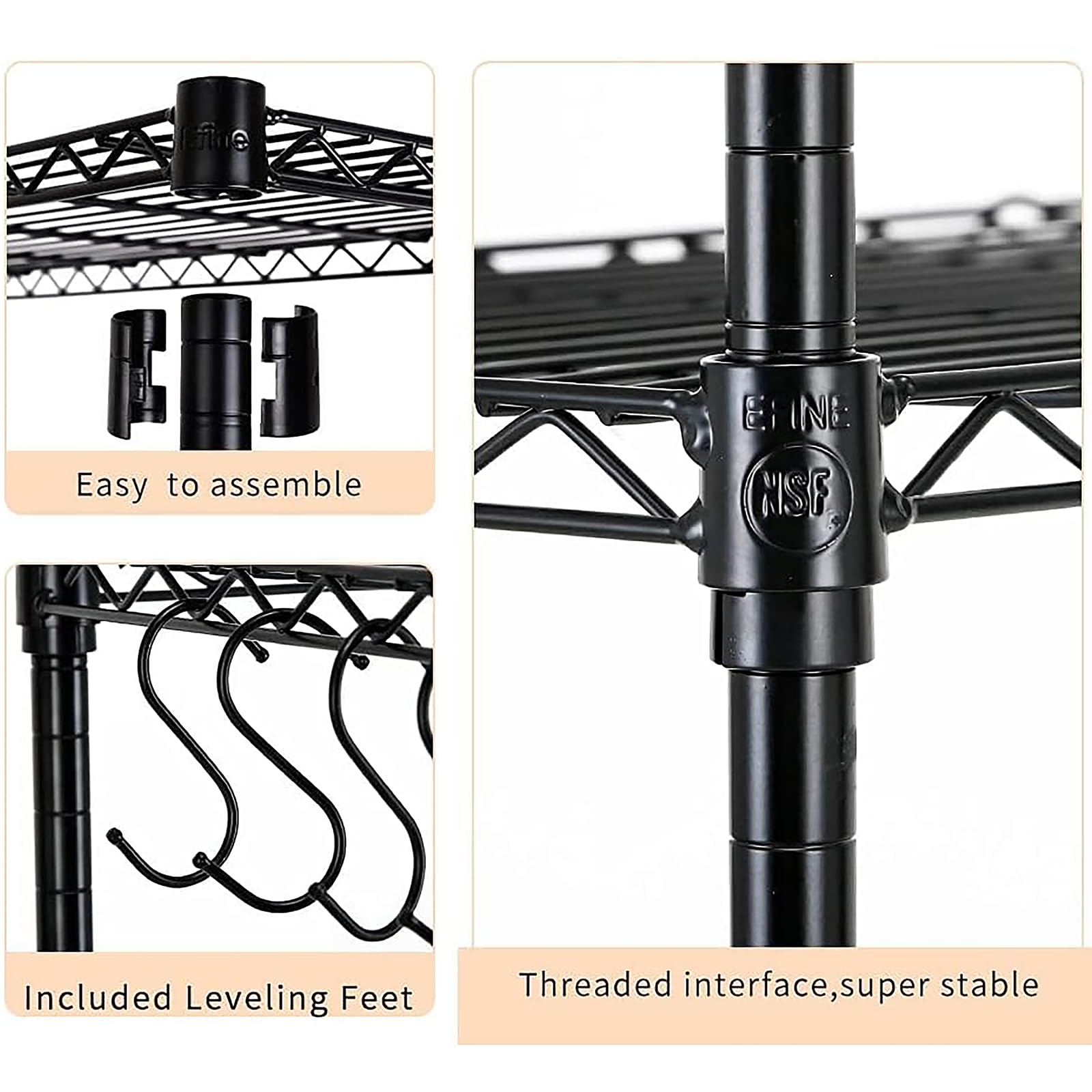 Catalina Creations 4-Shelf Wire Shelving Unit, Metal Storage Shelves, Heavy Duty Shelving with Liners, Adjustable Height Storage Rack for Pantry Closet Kitchen Garage (23.6" W x 14" D x 47" H, Black)