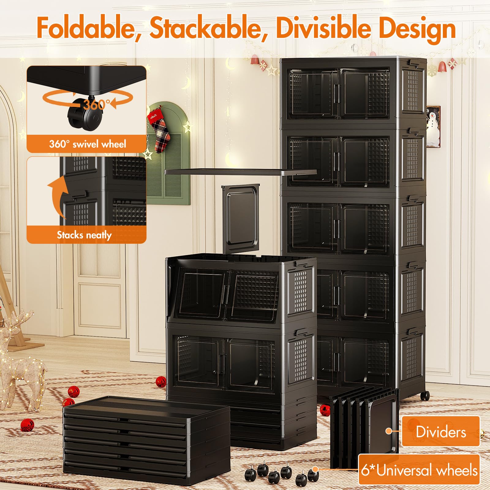 Fangtueh 200GAL Storage Bins with Lid and Wheels, Stackable Closet Organizers and Storage Drawer, Collapsible Storage Box with Dividers, Foldable Plastic Cabinets Cubes Totes for Garage, 5 Pack Black