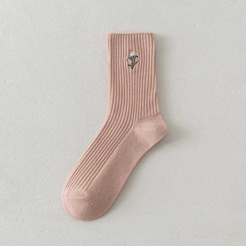CYee 3 Pairs Kawaii Flower Pattern Pink Socks for Women Pink Embroidered Soft Breathable Socks Stretchy Mid Tube Ankle Sock