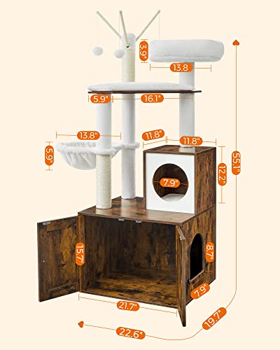 Feandrea WoodyWonders Cat Tree with Litter Box Enclosure, 2-in-1 Modern Tower, Furniture Hidden, Cat Condo with Scratching Posts, Removable Pompom Sticks, Rustic Brown UPCT113X01