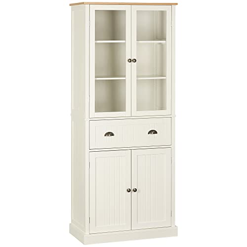 HOMCOM Freestanding Kitchen Pantry, 5-Tier Storage Cabinet with Adjustable Shelves and Drawer for Living Room, Dining Room, Cream White