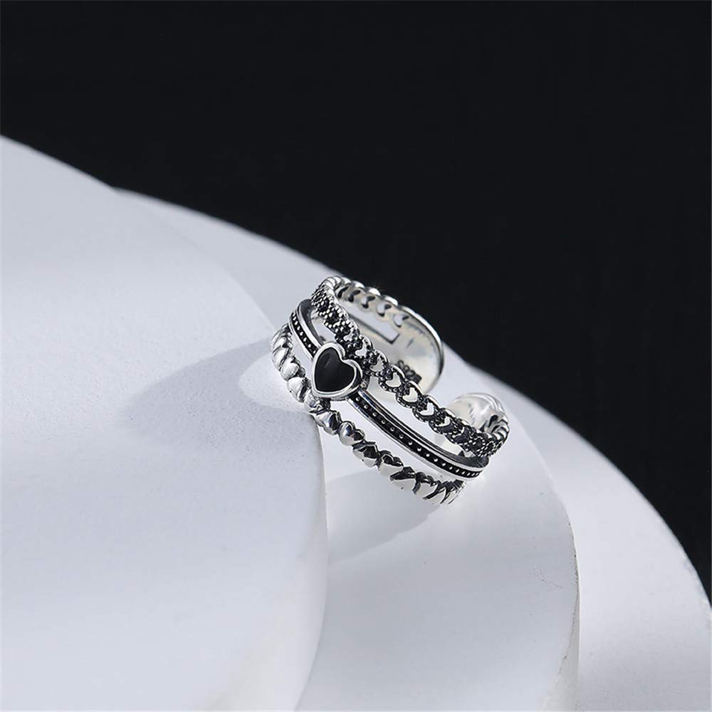 Black CZ Heart Ring for Mom Women Sterling Silver Statement Expandable Open Bands Infinity Love Rings Vintage Jewelry Dainty Anniversary Christmas Valentines Gift