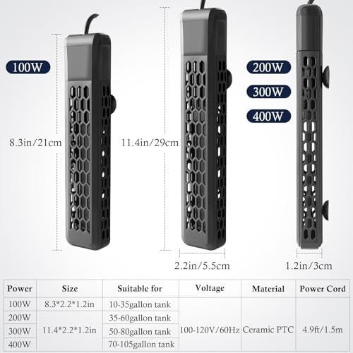 FEDOUR 100W/200W/300W PTC Aquarium Heater, Adjustable Fish Tank Heater with External Temperature Controller, Turtle Tank Heater with Detachable Protective Cover for up to 80 Gallon Tank (300W)