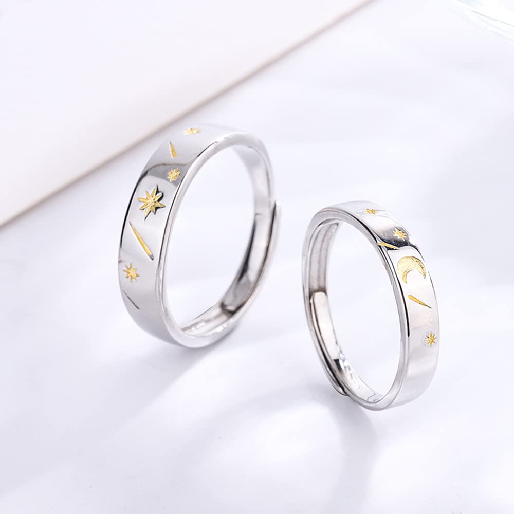 Crescent Moon and Sun Star Matching Couple Rings for Him and Her 925 Sterling Silver Minimalist Cute Stars Promise Engagement Ring Wedding Band Anniversary Ring Statement Finger Bands Adjustable