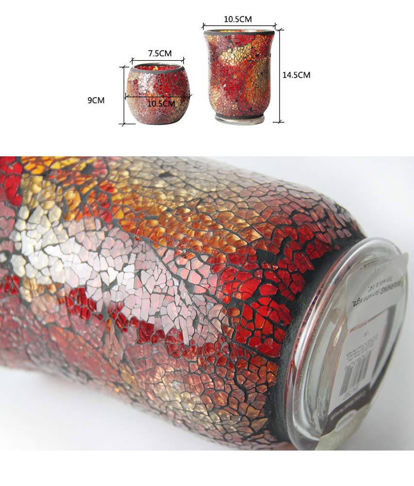 Two-piece Orange Red Mosaic Glass Tea Light Candle Holder Ball and Wind Lantern Shape Votive Candleholder Romantic Handmade Gifts Christmas Candlestick Holders Home Decor Wedding Party Table Decor