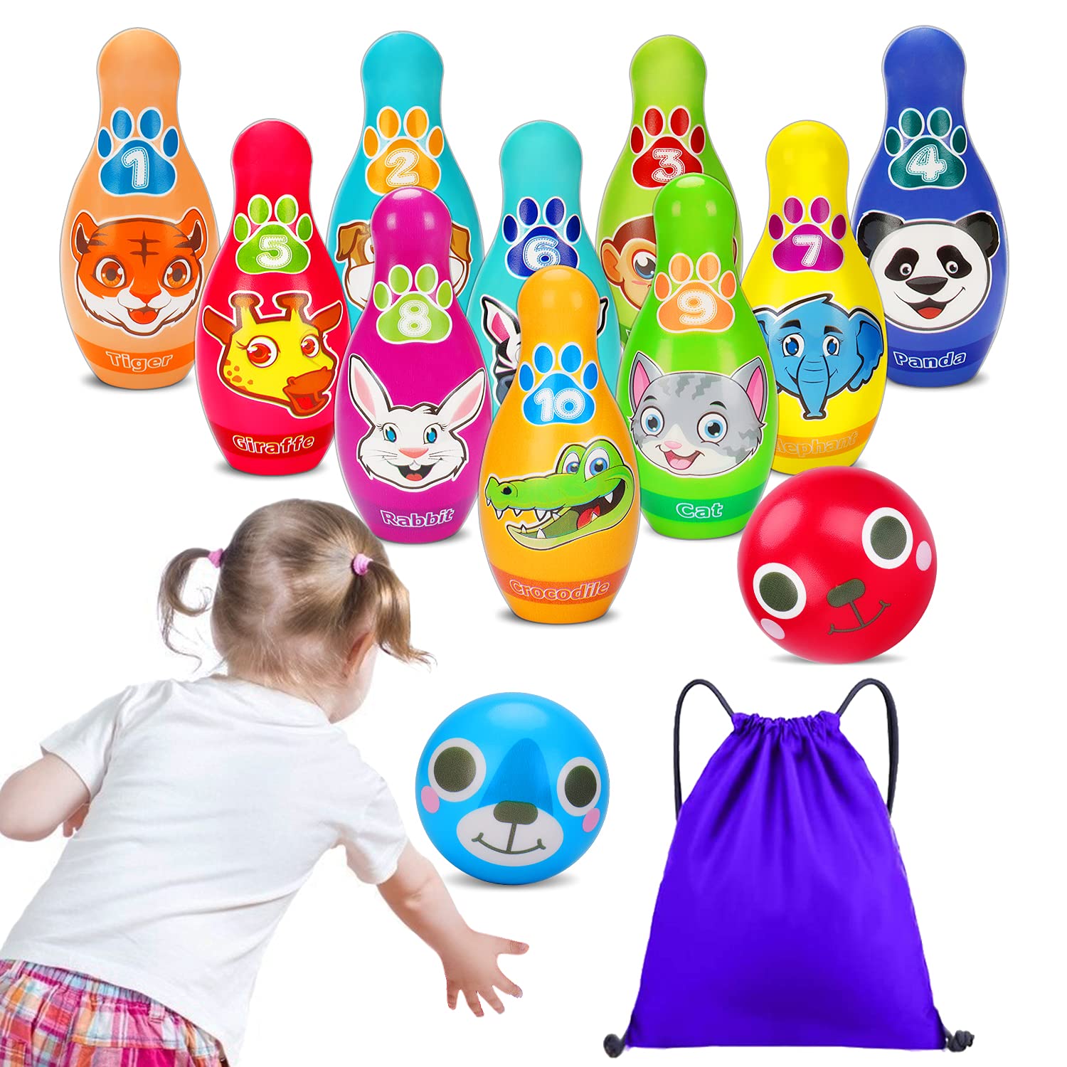 Tsomtto Kids Bowling Set Toddler Toys for 2 3 4 Year Old Boy Girl Birthday Gifts Soft Foam Animal Bowling Pins with Storage Bag Indoor Activities Outdoor Outside Easter Games Age 1-3 2-4 Present
