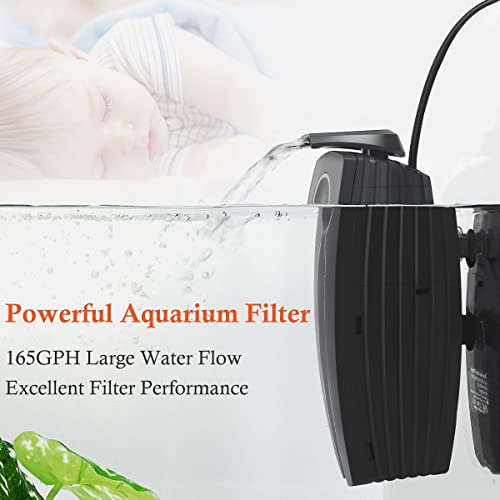 FEDOUR 165GPH Aquarium Filter, 8W Adjustable Fish Tank Filter Pump, Submersible Internal Filter for 10-50 Gallon Tank, with Biochemical Cotton, Activated Carbon Cotton, Ceramic Balls