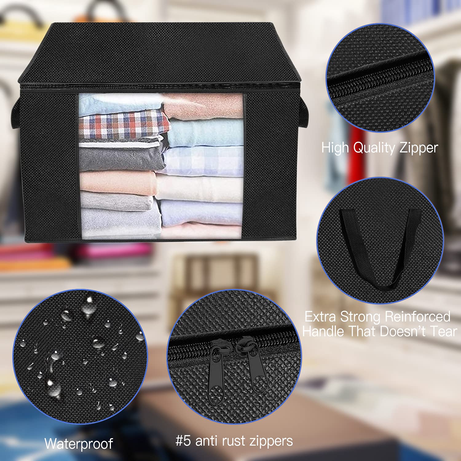 Txtsegose 3 Pack Clothes Storage Bag,Large Capacity Organizer with Reinforced Handle Thick Fabric for Comforters, Blankets, Bedding, Foldable with Sturdy Zipper, Clear Window, Black