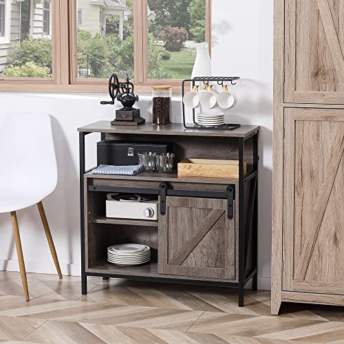HOMCOM Sideboard Buffet Cabinet, Accent Kitchen Cabinet, Coffee Bar Cabinet with Sliding Barn Door and Adjustable Shelf for Living Room, Gray
