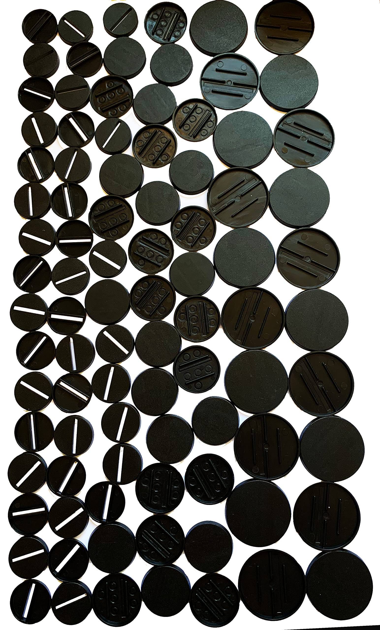 Variety Pack of 90 Bases - 40 25mm Slotted, 30 30mm Flat and 20 40mm Flat Bases for Miniatures - Black Plastic
