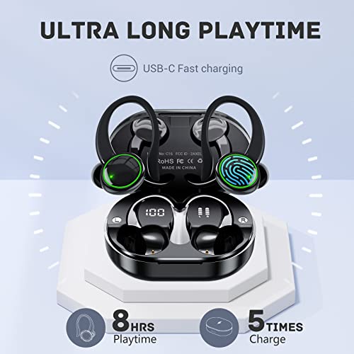 for Google Pixel 4a 5G Wireless Earbuds Bluetooth Headphones 48hrs Play Back Sport Earphones with LED Display Over-Ear Buds with Earhooks Built-in Mic - Black