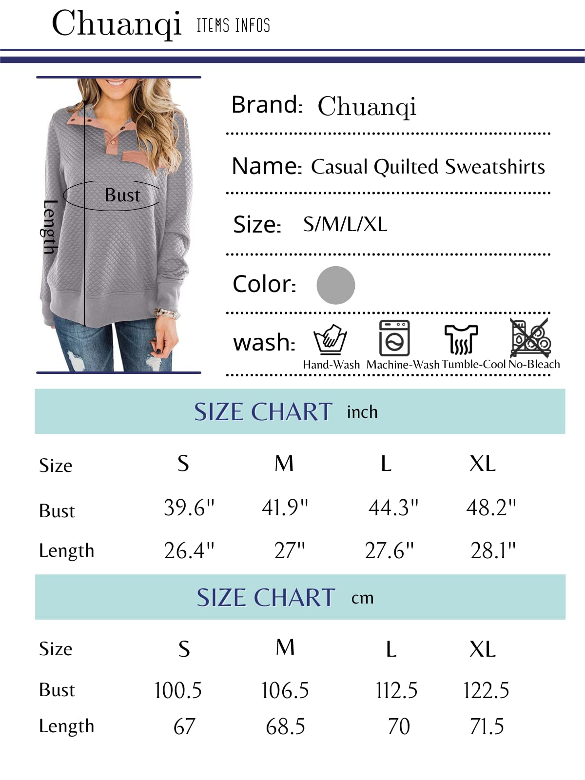 Chuanqi Womens Quilted Sweatshirts Casual Long Sleeve Outdoor Stand Collar Snap Pullover Tops