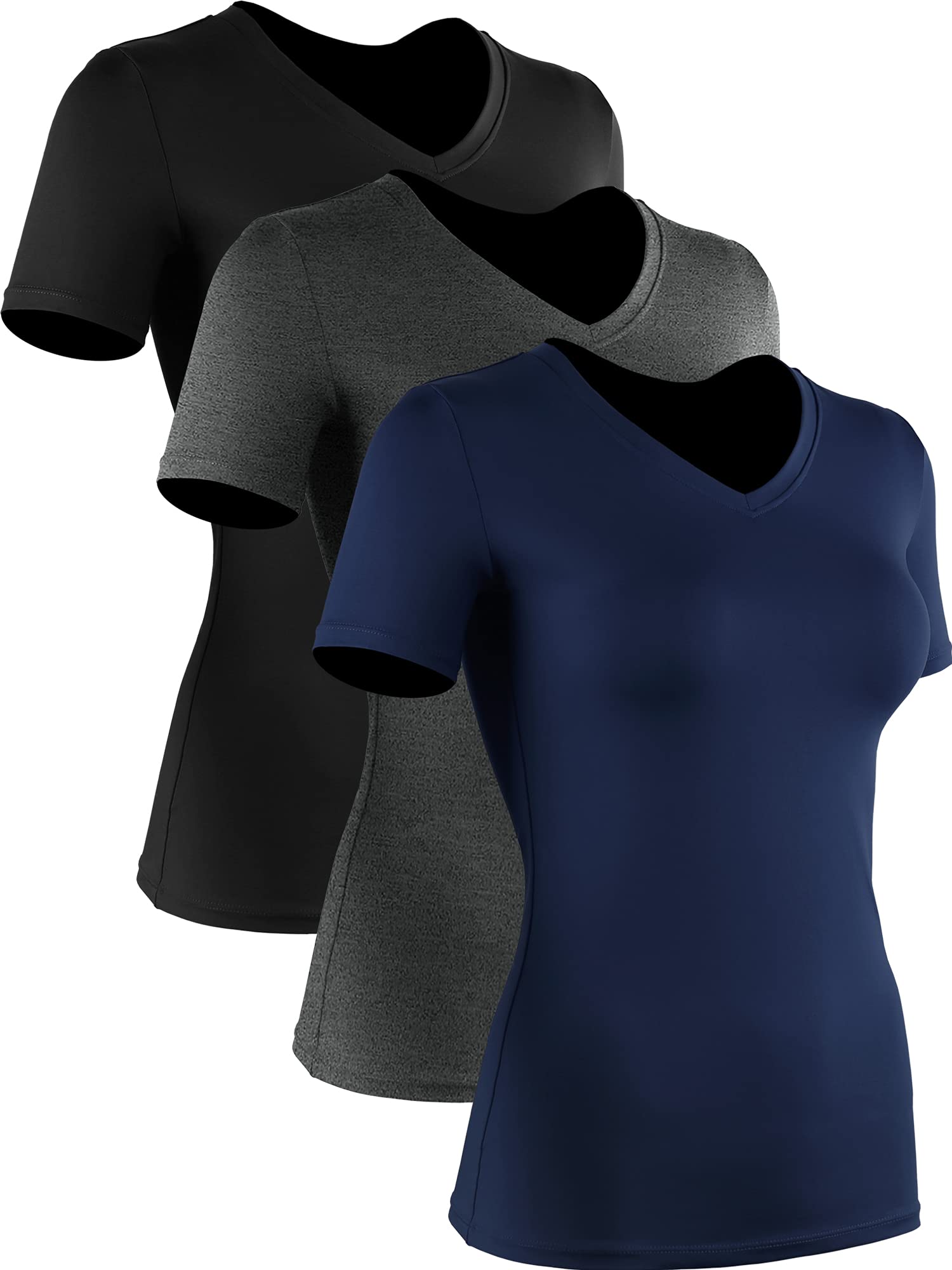 CADMUS Women's Workout Running Shirts Dry Fit Yoga T Shirts Crewneck,3 Pack,2505,Black & Grey & White,X-Large