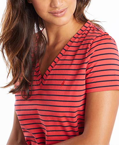 Nautica Women's Easy Comfort V-Neck Striped Supersoft Stretch Cotton T-Shirt, Rose Coral, Large