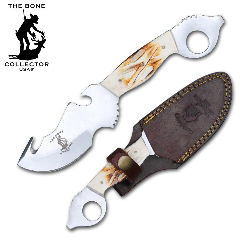 Bone Collector BC-806 8.25" Overall The Gut-Hook Blade Skinner Knife with Leather Sheath Size 4.25" Handle, Blade 4"