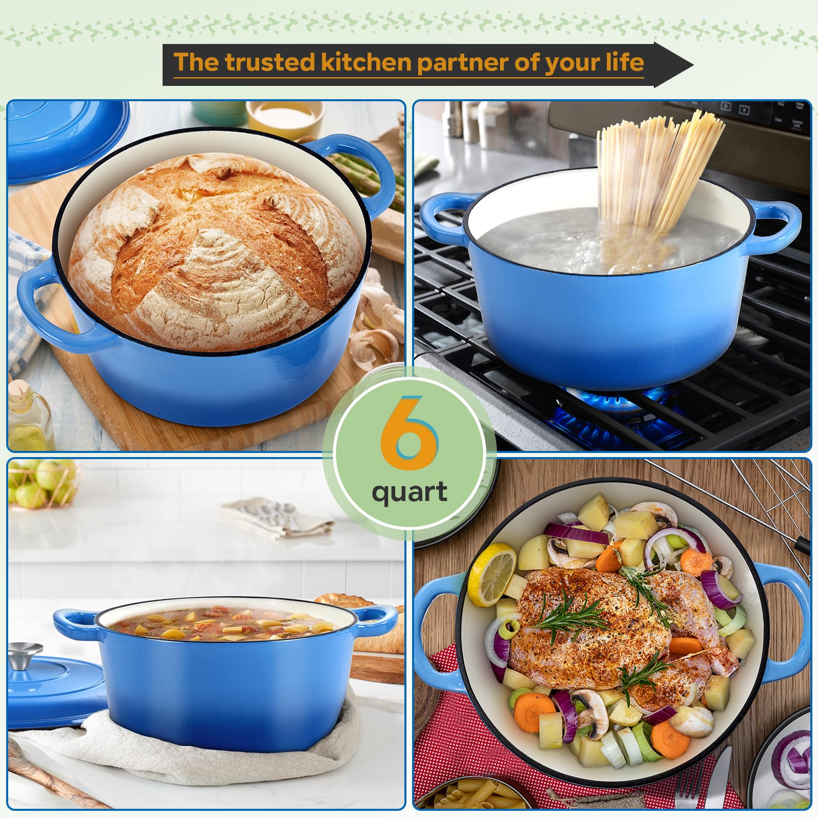 HaSteeL 6 Quart Cast Iron Dutch Oven, Pre-seasoned Enamel Cooking Stock Pot with Lid, Non-stick Round Cookware for Sourdough Bread Baking Roasting Stewing Braising Frying, Heavy Duty & Oven Safe(Blue)