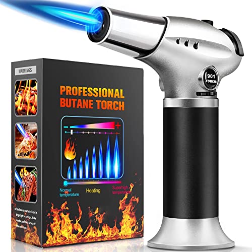 Culinary Butane Torch, Kitchen Refillable Butane Blow Torch with Safety Lock and Adjustable Flame for Crafts Cooking BBQ Baking Brulee Creme Desserts DIY Soldering (Butane Gas Not Included)