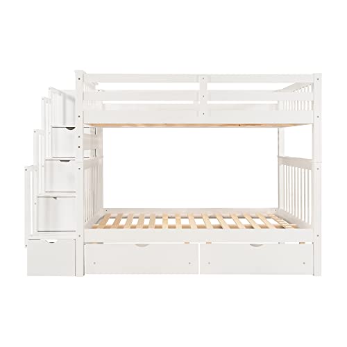 Harper & Bright Designs Full Over Full Bunk Beds with Storage Drawers and Stairway, Wood Bunk Bed Frame, Convertible Bunk Bed for Kids, Teens, Bedroom, Guest Room Furniture (White)