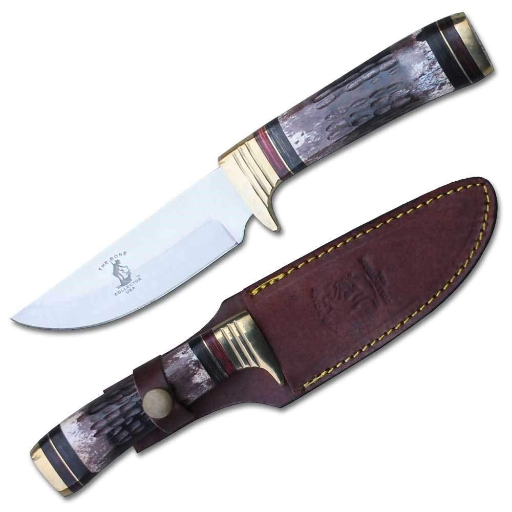 Bone Collector 10" Round Authentic Bone Handle Stainless Steel Polished Hunting Camping Knife with Leather Sheath