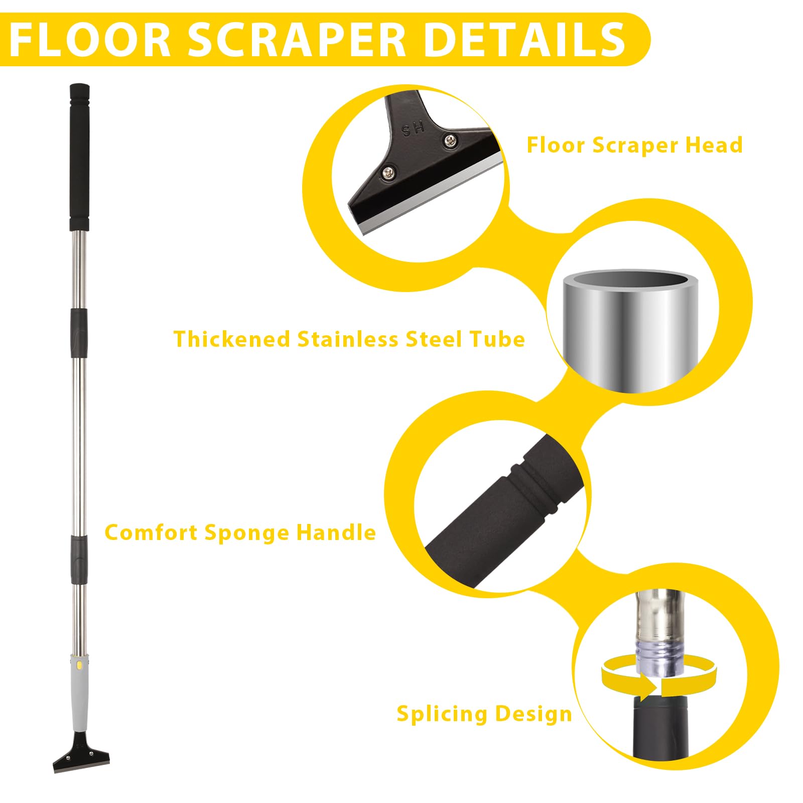 Floor Scraper Long Handle Heavy Duty, Floor Scraper Blades 4 inch scraper tool kitchen 31-61โ Thickened Steel Sharp Blades Free Extra 10PCS Metal Paint Scraper Ideal for Cleaning.(1, black)