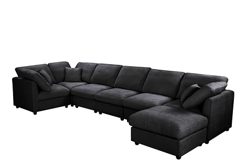 FANYE Oversized 7 Seater Modular Cushions Sectional Sofa Couch with Movable Ottoman,U-Shaped Corner Deep Seat Sectional&Couch Convertible Spacious Sleeper Sofabed for Home Apartment Living Room Sets