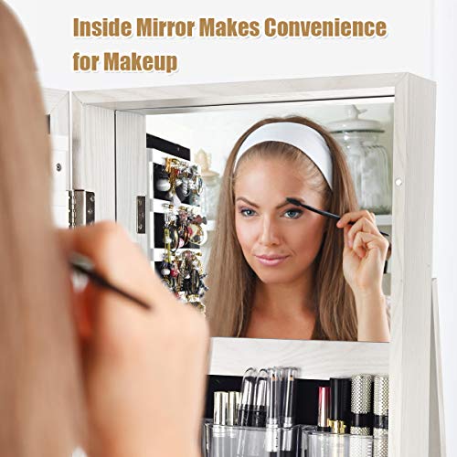 MAT EXPERT 360 Rotating Jewelry Armoire with Mirror, Freestanding Jewelry Storage Mirror w/78 Ring Slots, 24 Necklace Hooks, 120 Earring Slots, Lockable Standing Jewelry Organizer for Makeup (White)
