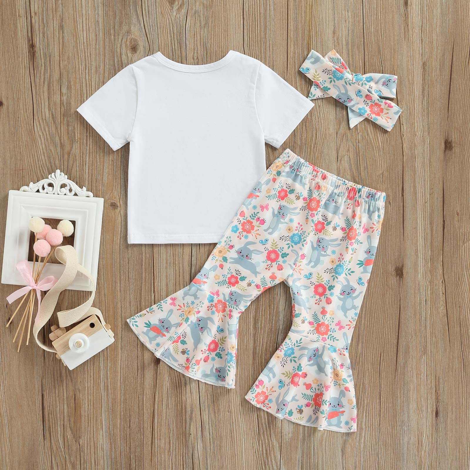 Kids Baby Girls Easter Outfits Carrot Print Ruffle Short Sleeve T-Shirt Tops with Flared Pants 2Pc Clothes Set (1#Light Orange, 4-5T)