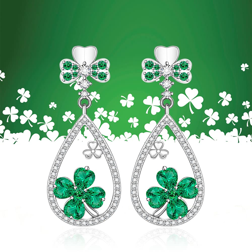 St Patricks Day Shamrock Earrings for Women Sterling Silver Studs Hypoallergenic Four Leaf Clover Green CZ Drop Dangle Earrings Jewelry Gifts