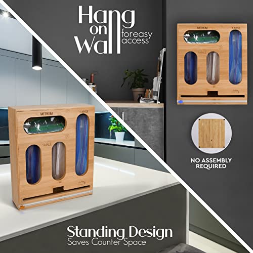 Night Tree Plastic bag storage organizer - Ziplock Sandwich bag organizer for kitchen plastic bag storage or Wall Mount - 5 in 1 Includes Plastic Wrap or Foil dispenser with Cutter