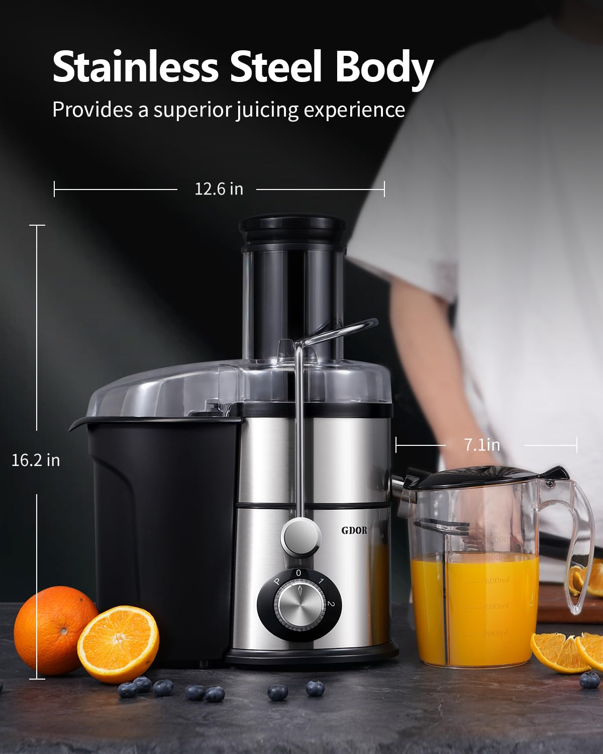 GDOR 1200W Juicer with 3-Speed Setting, Extra Large 3.4β Feed Chute Juicer Machines for Whole Fruits and Veggies, Centrifugal Juicer with 34 Oz Juice Pitcher, BPA-Free, Easy to Clean, Silver