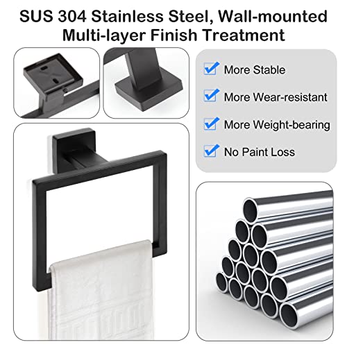 Matte Black Towel Ring,Square Hand Towel Holder,Towel Hanger, Bathroom Hardware Accessories,SUS 304 Stainless Steel Wall-Mounted
