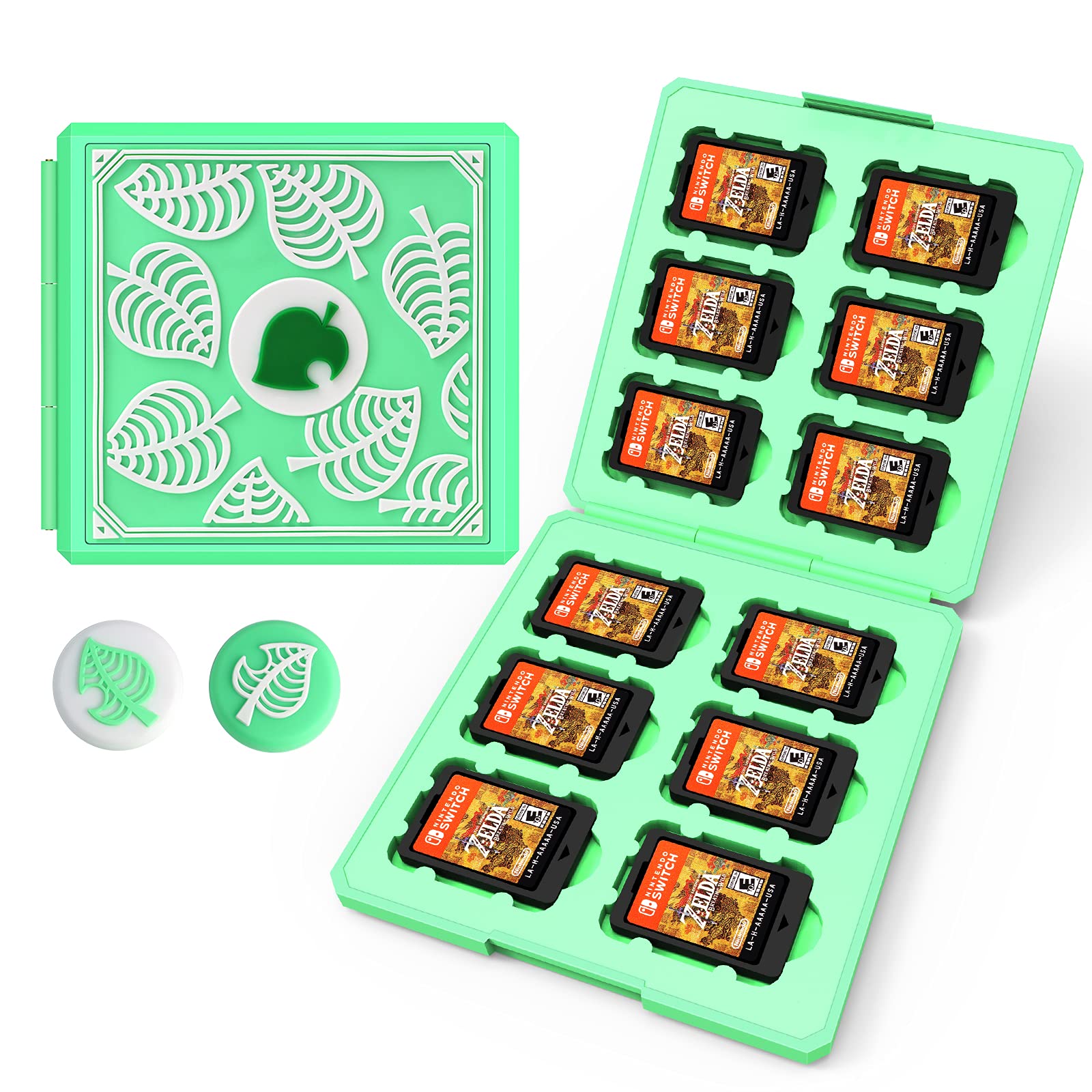 UFOPETIE 12 in 1 Game Card Case for Nintendo Switch Game Card ,Compatible with Nintendo Switch Case Animal Crossing Theme,Game Case for Animal Crossing Cards-Small Green Leaves-Thumb Grip 2PCS