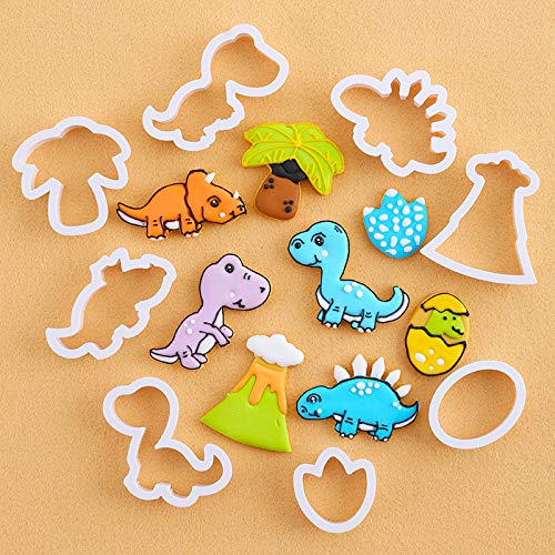 Dinosaur Cookie Cutters with Matching Cookie Stencils -Set of 16-8Pcs Cookie Cutter and 8Pcs Stencils, Include Stegosaurus, T-Rex, Brontosaurus, Triceratops, Dinosaur Egg, Footprint, Volcano and Tree
